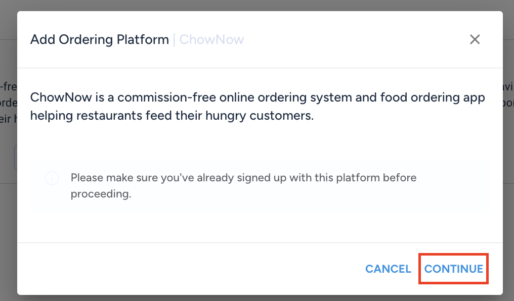 Ordering Platform Setup step in Onboarding – Checkmate