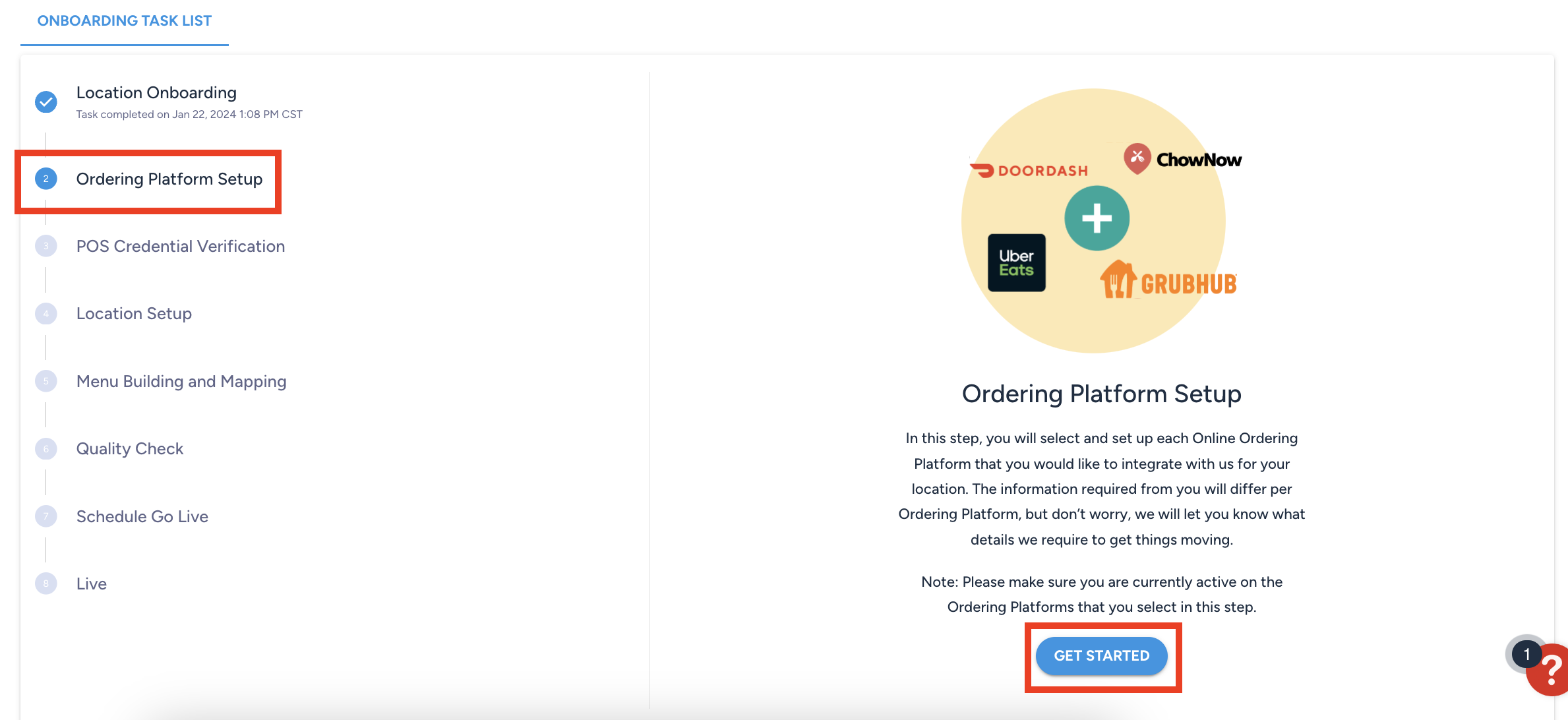 Ordering Platform Setup step in Onboarding – Checkmate