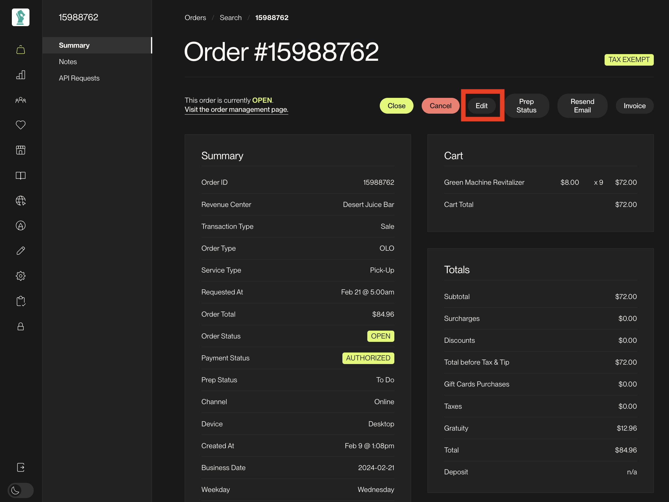 Adjusting the tip on an order – Checkmate