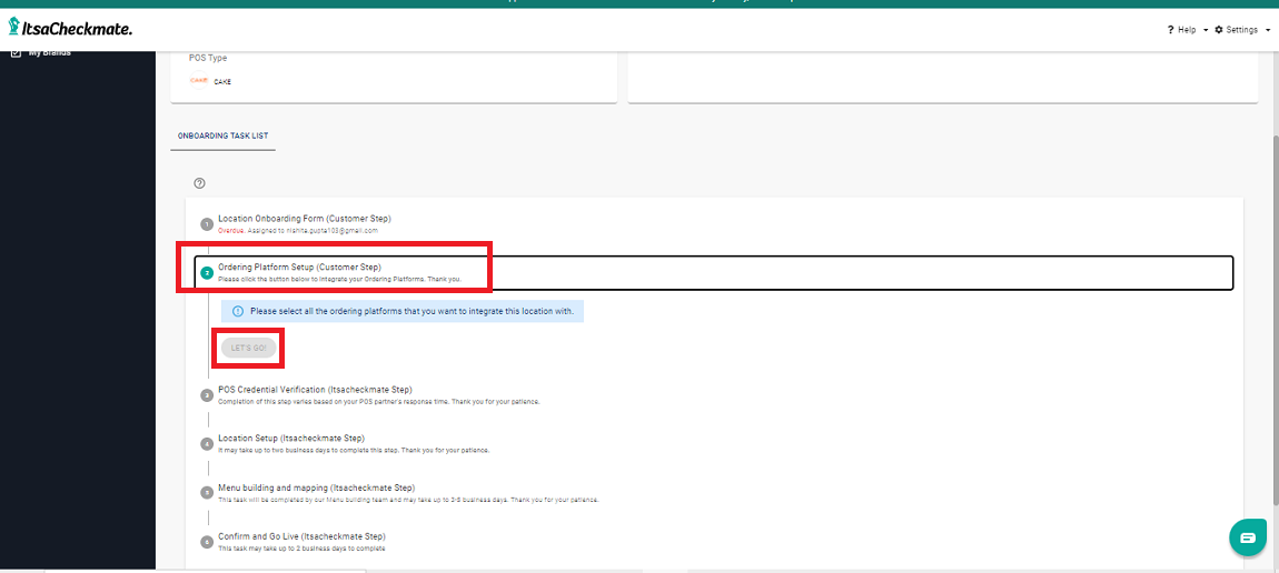 Ordering Platform Setup step in Onboarding – ItsaCheckmate